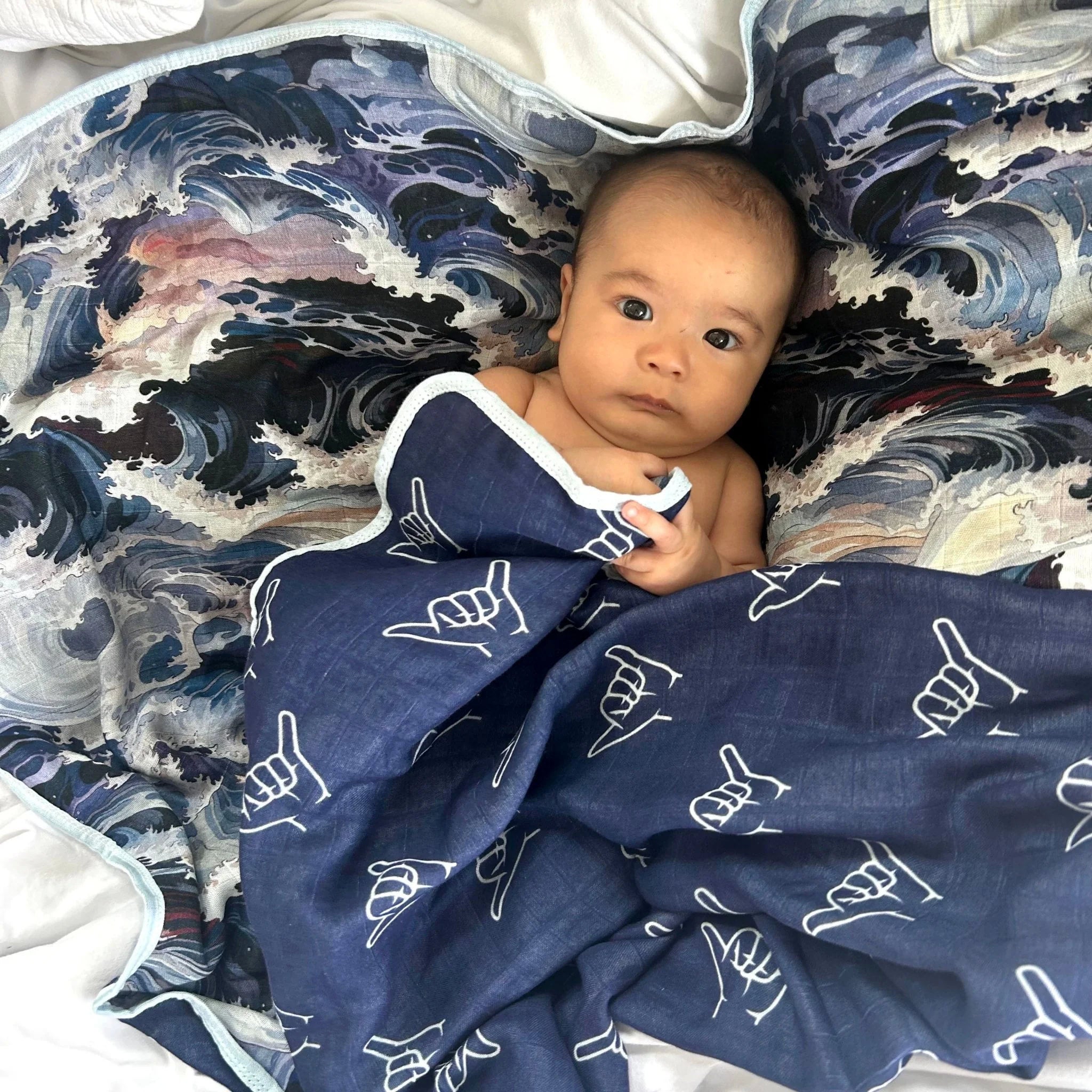 Navy Blue Shaka/Nami Reversible quilt | Olivia Clare Boutique